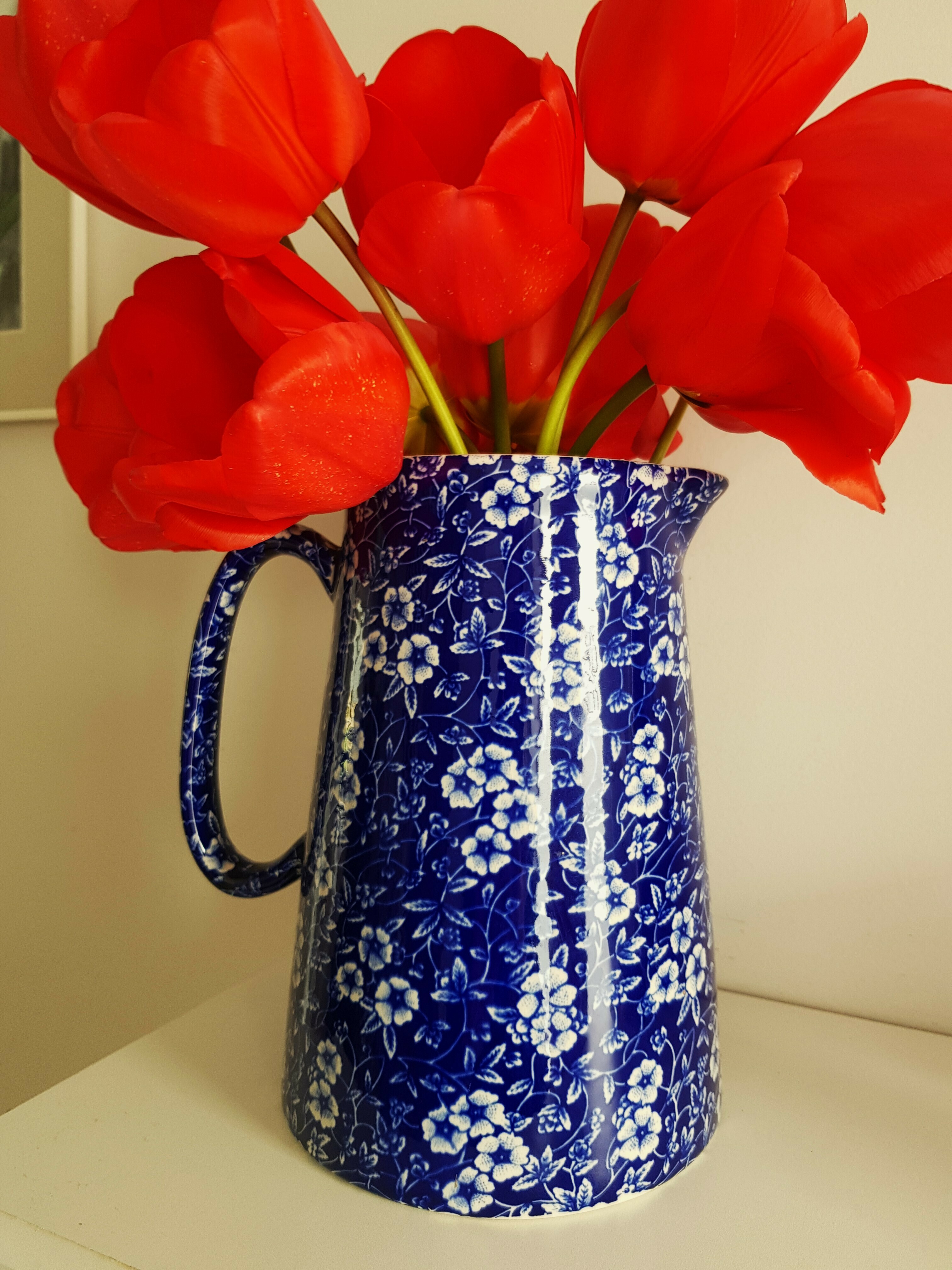 Large Heron Cross Pottery Jug Vase In Blue Calico | Vinterior