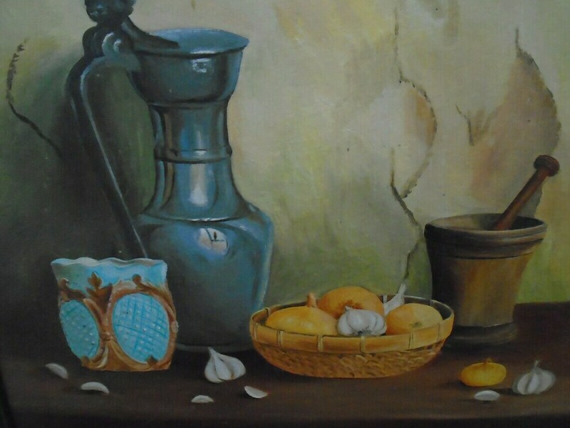 Vintage Original Framed French Still Life Oil Painting Of Pewter ...