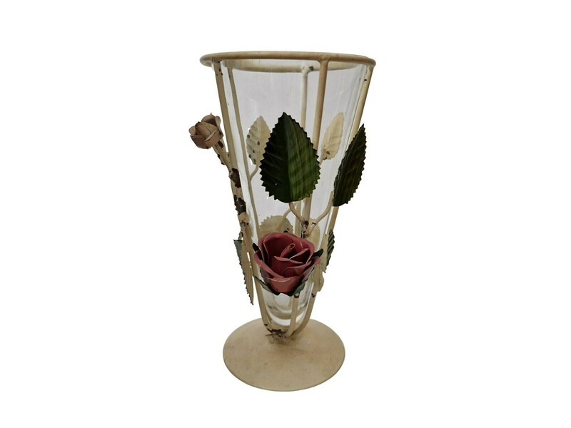Tole Flower Glass Cone Vase With Metal Rose And Leaf Stand | Vinterior