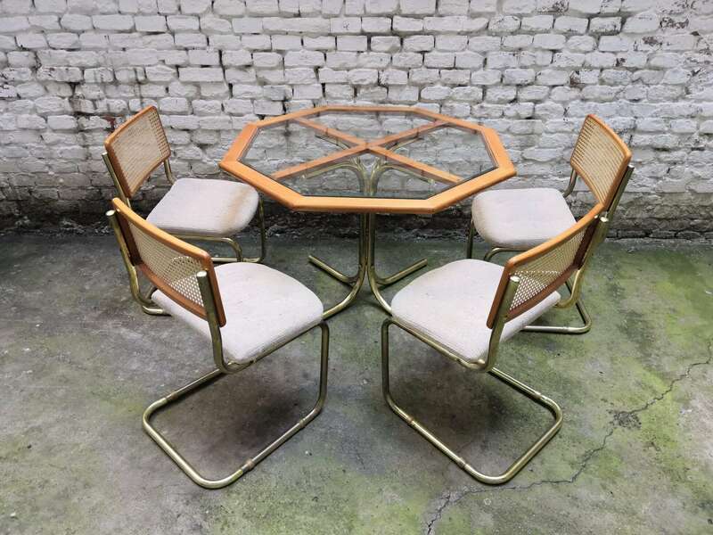 Octagonal Brass Glass Dining Table And 4 Chairs Vinterior