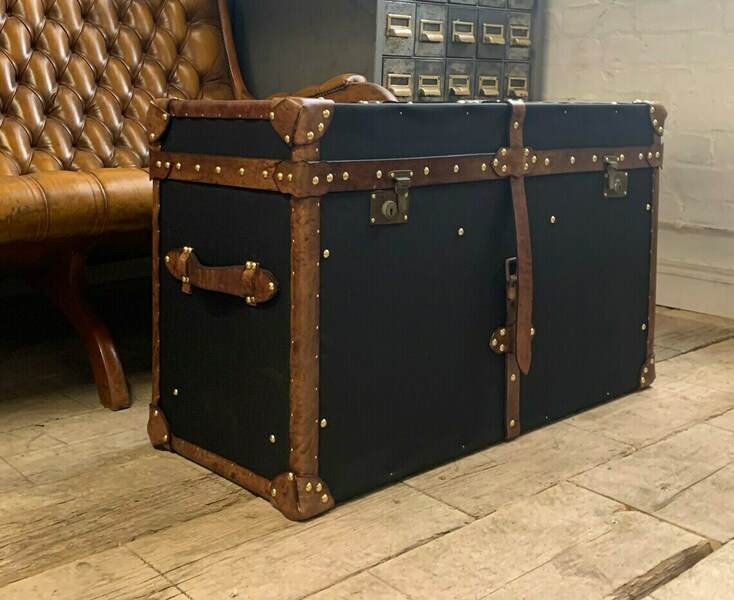 English Black Millerain Canvas & Tan Leather Coffee Table Trunk | Vinterior