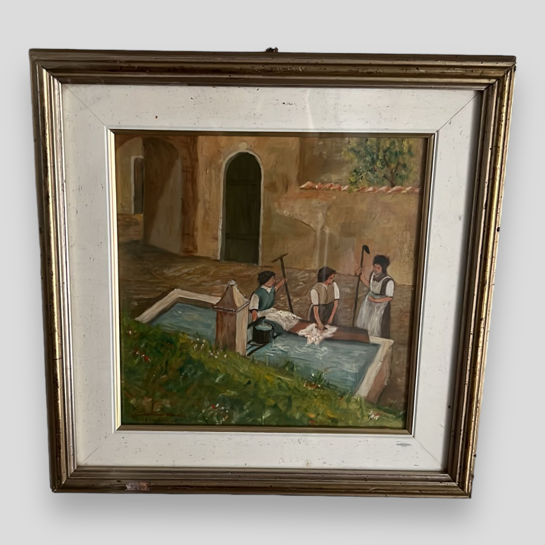 A Rural Italian Painted Scene Of Three Peasant Women Washing Clothes ...