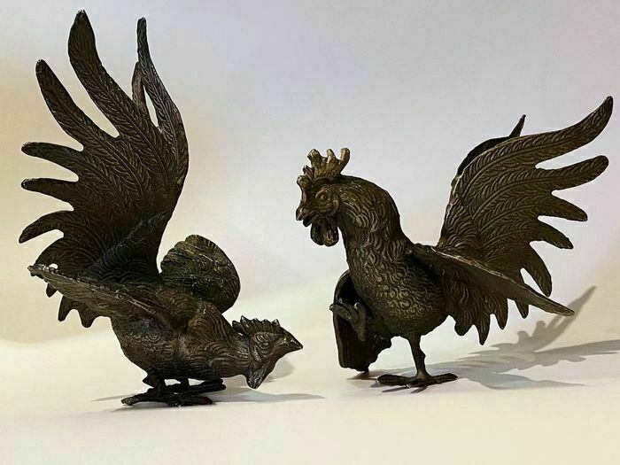 A Pair Of Silver Plated Bronze Fighting Cockerels, France, Early 20th ...