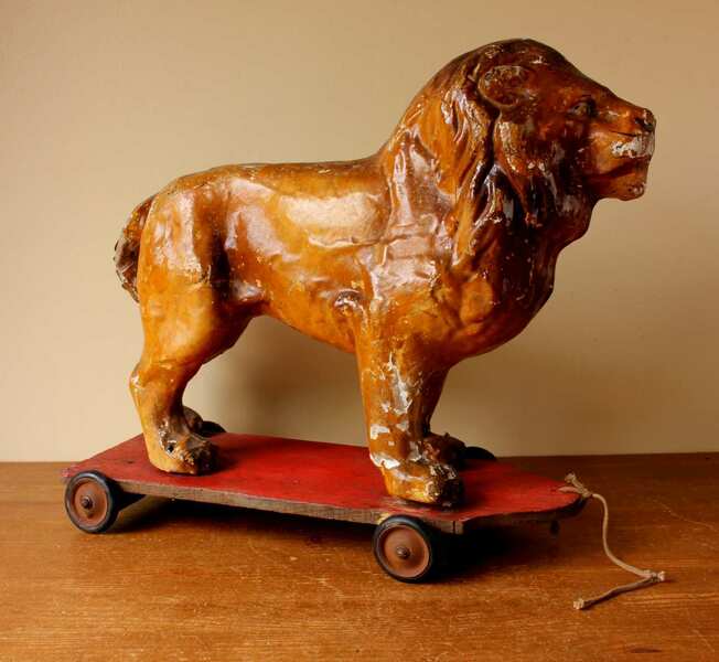 French Pull Along Lion. Paper Mache Model Animal Decorative Toy Trolley ...