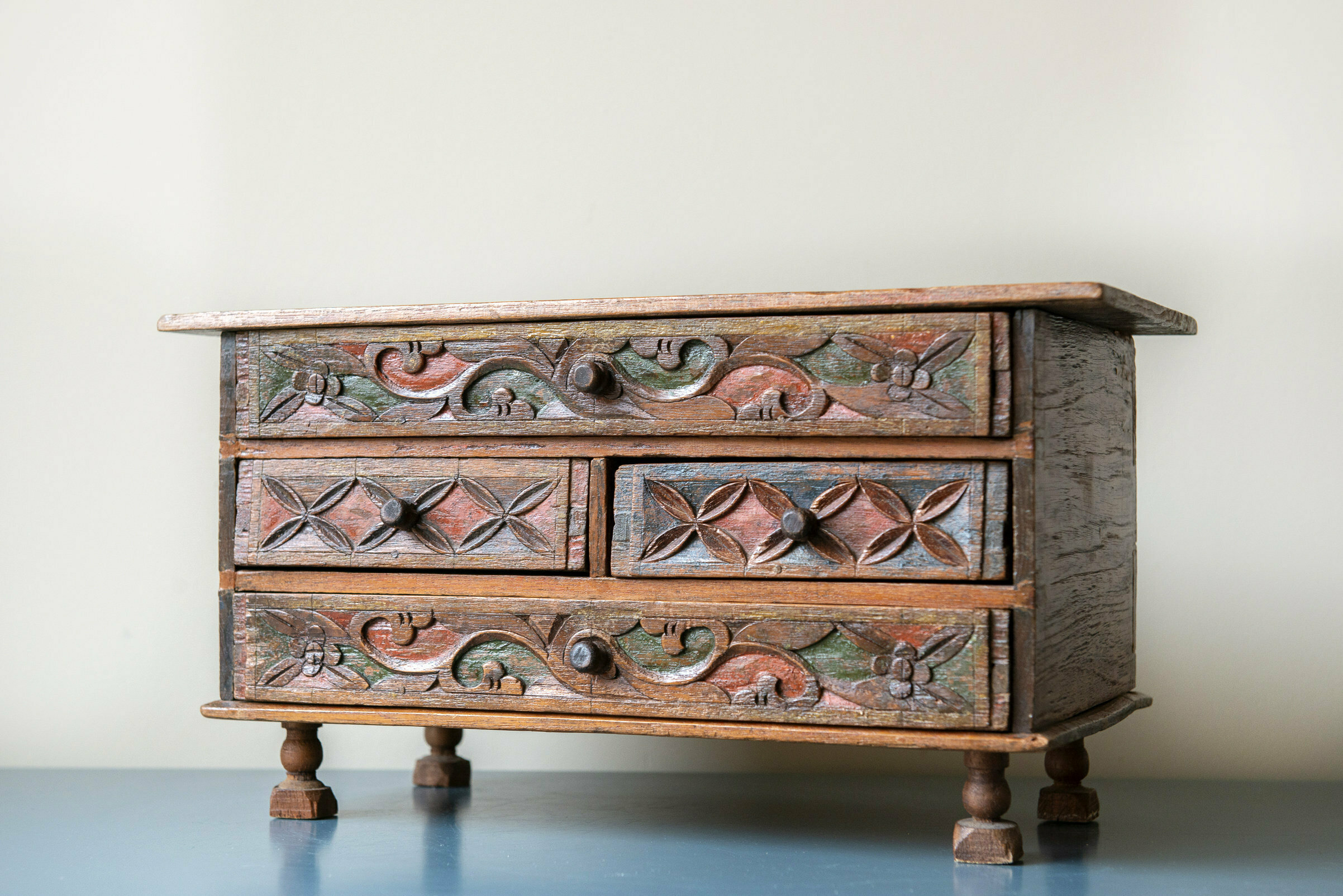 Antique Indonesian Cabinet With Drawers Hand Carved Wooden Storage Unit Old Asian Tabletop Chest Bohemian Desktop Organizer Folk Art Vinterior