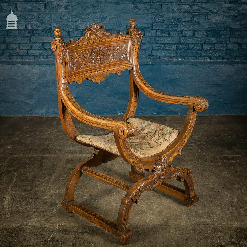 19th C Ornate Carved European Renaissance Walnut Grain X Frame Chair ...