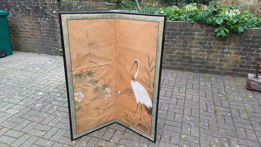 Stunning Age Worn Hand Painted Victorian Vintage Folding Screen Stork ...
