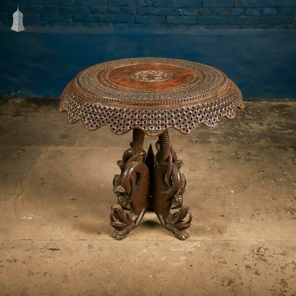 Carved Burmese Side Table, Serpent Base With Pierced Floral Circular ...