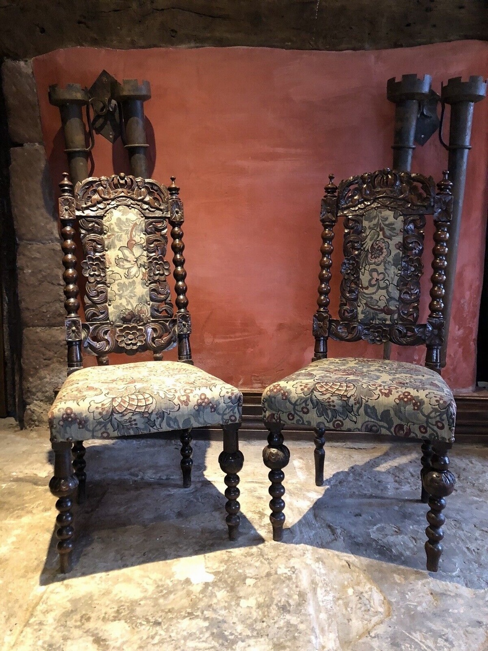 Pair Antique Hand Carved Oak Victorian Jacobean Gothic Throne Crown ...