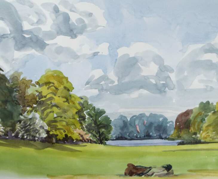 Original Watercolour, 'Green Landscape With Lake', George Godfrey ...