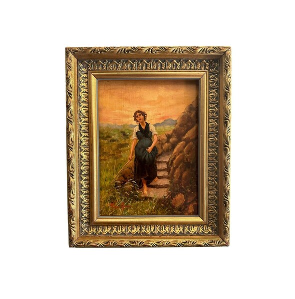 Original Oil Painting, Portrait Of A Peasant Girl Walking In The ...