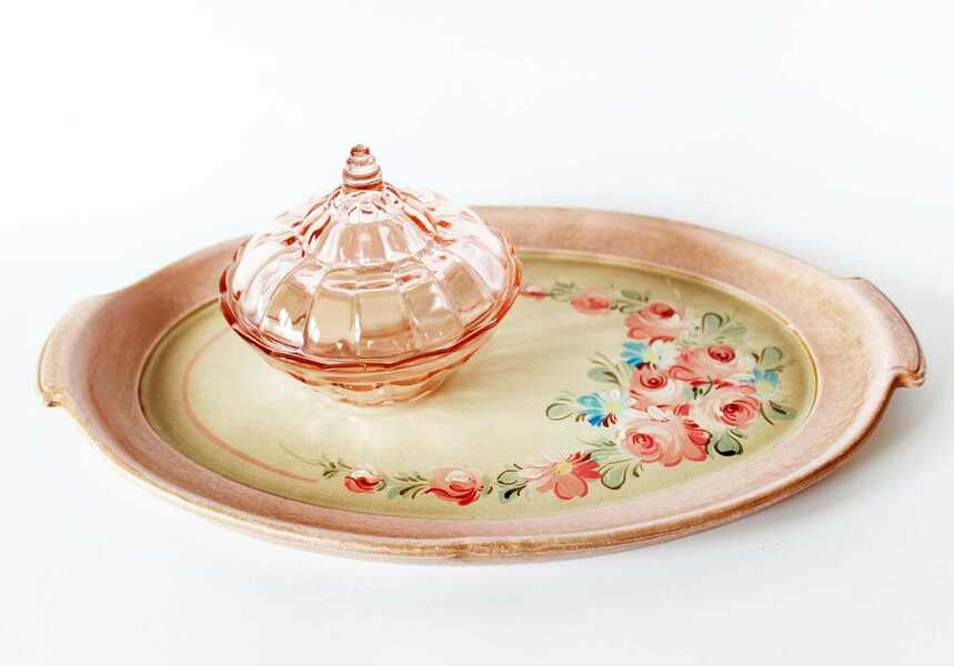 Set Vintage Serving Tray Florentine Style Tray And Art Deco Pink Rosaline Glass Bonbon Dish ...