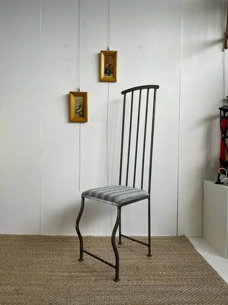 Vintage Wrought Iron High Back Chair In Art Nouveau Style Upholstered In Raf Simons Kvadrat Striped Boucle Fabric Vinterior