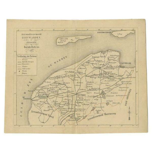 Antique Dutch Map Of The Region Of Leeuwarden By Behrns, 1861a | Vinterior