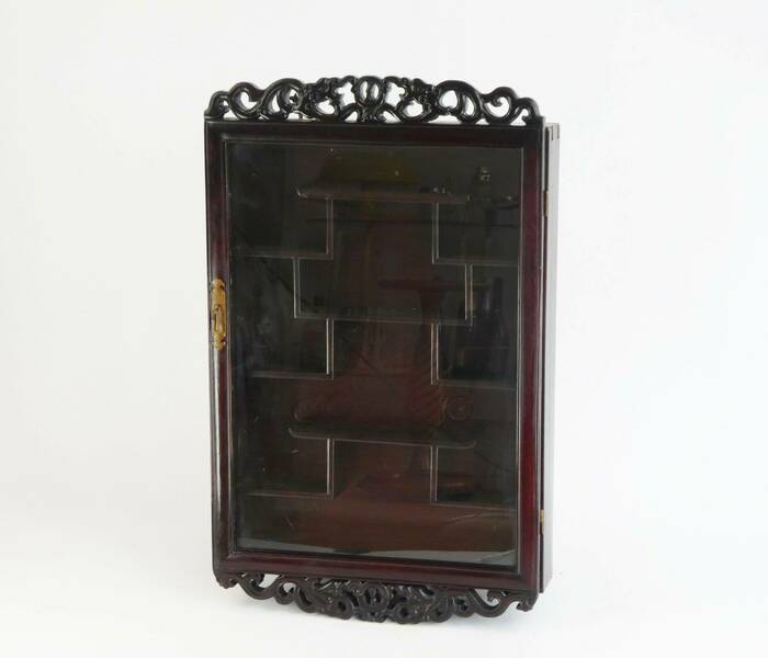 Vintage Asian Wall Display Cabinet With Carved Ornaments Curio Wooden Cabinet With Glass Door And Shelves Chinese Apothecary Vinterior
