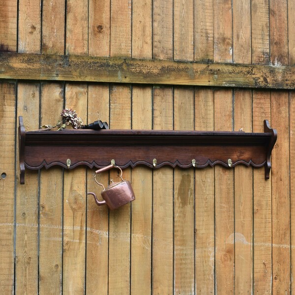 Antique French Large Oak Carved 5 Peg Coat Hooks Plate Rack Hall Kitchen Shelf