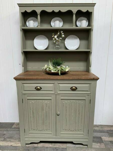 Custom Painted Upcycled Small Vintage Pine Kitchen Welsh Dressers With Plate Racks Storage Fusion Mineral Paint Green Vinterior