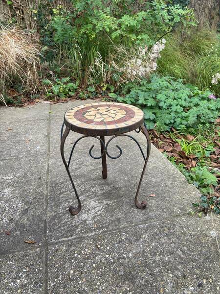 Vintage Small To Medium Sized Wrought Iron Metal Table With Tiled Mosaic Top Indoor Or Outdoor Plant Stand