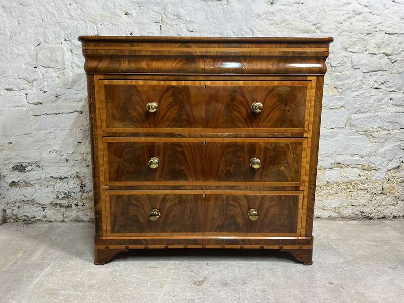 Rare Victorian Flame Mahogany Marquetry Inlay Louis XVI German Chest Of Drawers With Brass Knobs Pre 1890 Antique Bedroom Furniture Vinterior