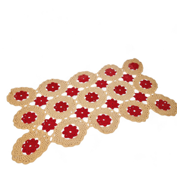 Vintage Crochet Table Runner Red Flower Design Table Cloth Mat | Vinterior