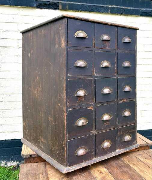 Bank Of 15 Drawer Antique Wooden Cabinet Farmhouse Industrial Vintage Haberdashery Storage Drawer Kitchen Coffee Table Side Cupboard Desk Vinterior