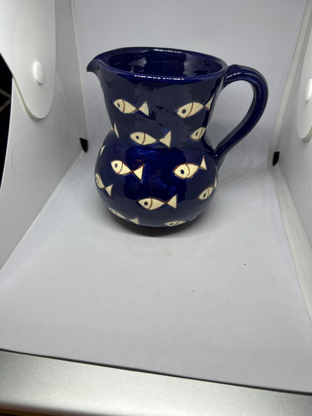 Blue Terracotta Hand Painted Fish Design Jug Water Pitcher Deep Blue ...