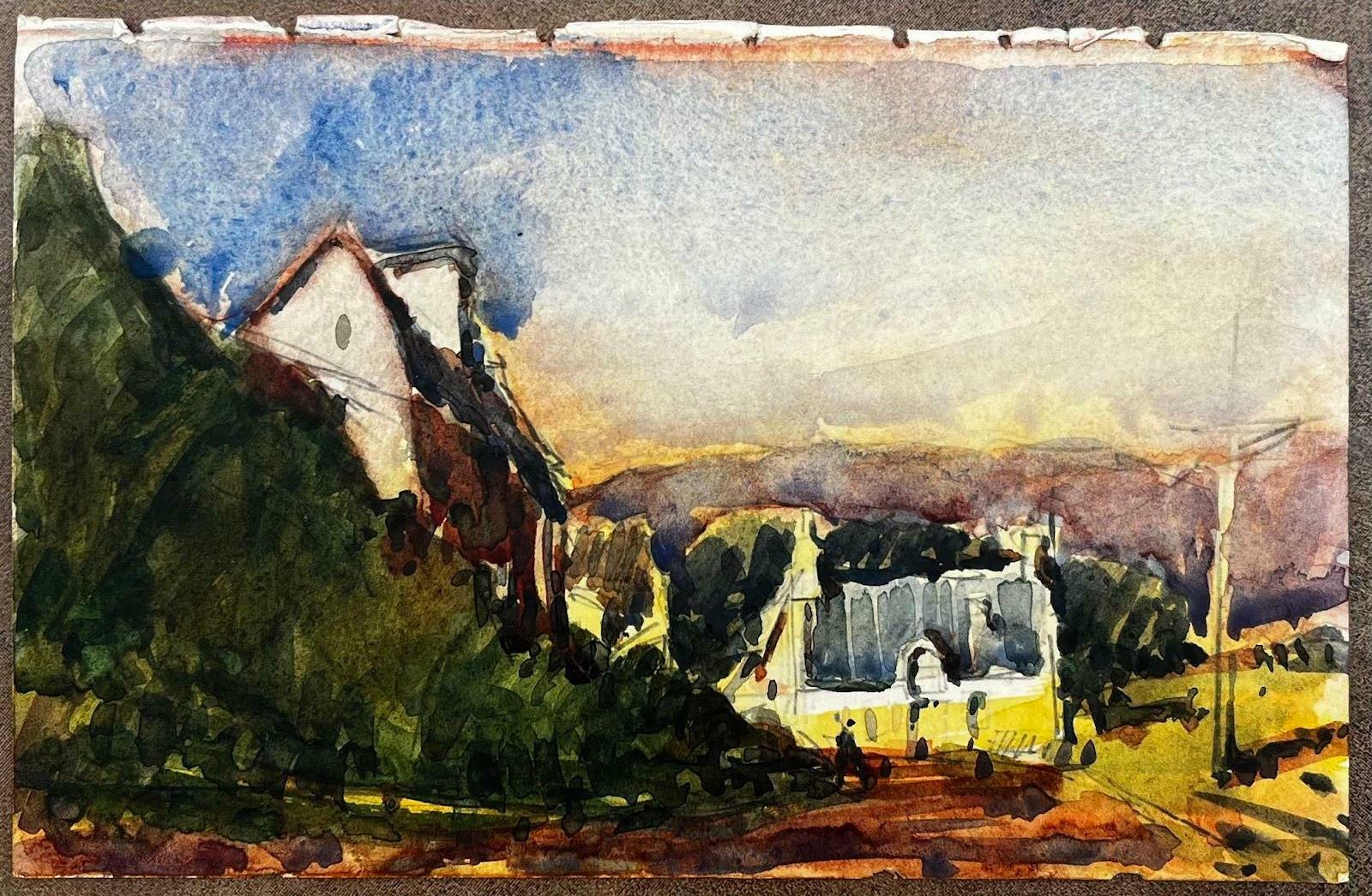 Unknownfrench Impressionist Watercolor Landscape Village Scene Upon A ...