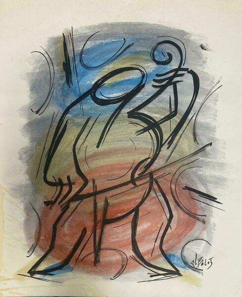 Unknown20th Century French Modernist Gouache Painting Two Figures ...