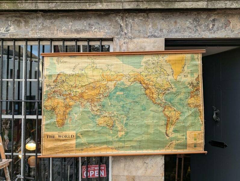 Very Large 1960s World Map Wall Chart Hanging Map | Vinterior