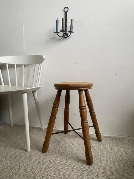 Vintage Four Legged Wooden Stool With Turned Legs And Iron Cross Bar ...