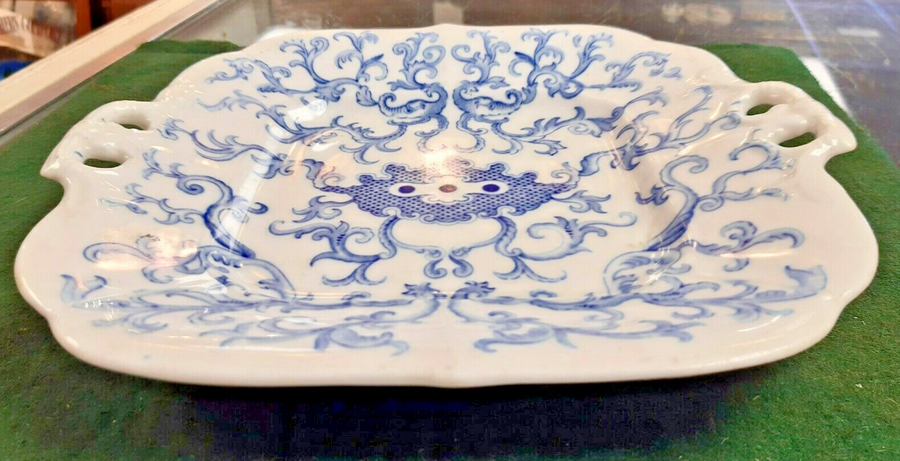 Antique & Rare Minton Square Cake Plate Blue Chinoiserie Scrolls 252 Circa 1825 | Vinterior