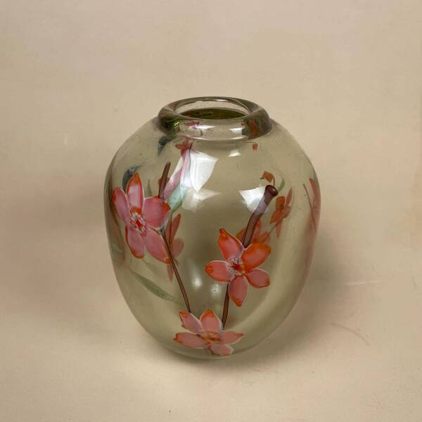 Oriental Japanese Vintage Glass Vase Posy Pot Pink Clear Hand Painted ...