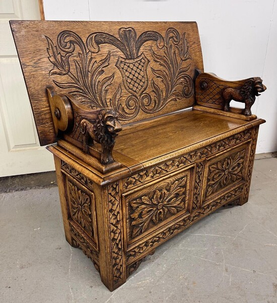 Antique Carved Oak Monks Bench Hall Seat | Vinterior