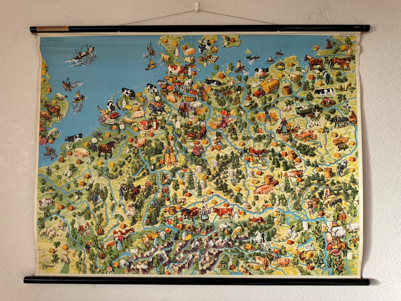 Vintage Pictorial Map Of Western Europe School Chart Agriculture ...