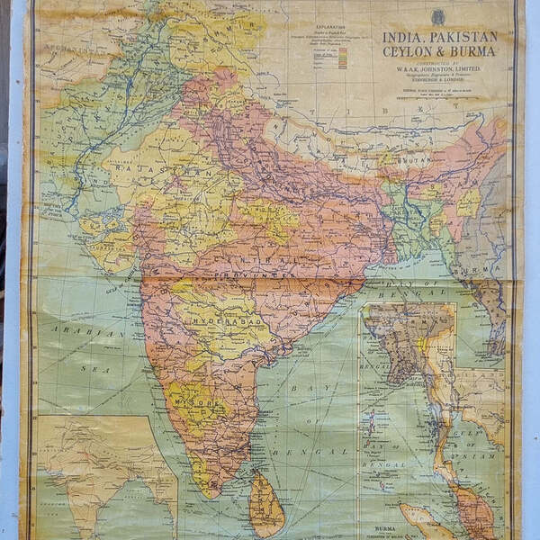 Vintage Wall Map Of India, Pakistan, Ceylon And Burma In 1950 | Vinterior