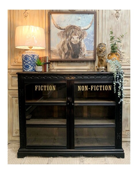 Painted Glazed Black Bookcase, Sign Written Fiction/ Non Fiction ...