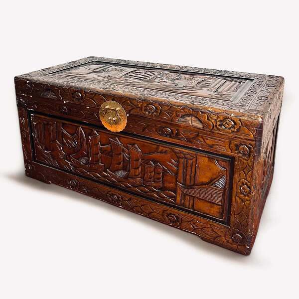 Mid Century Modern Chinese Camphor Wood Carved Storage Treasure Chest ...