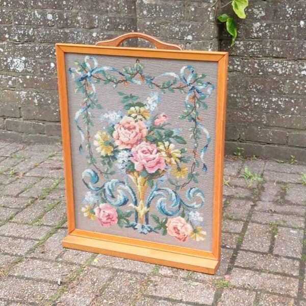 Vintage Floral Tapestry Fire Screen With Oak Frame – 1950s Needlepoint ...
