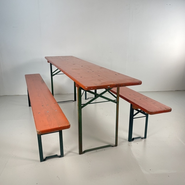 Vintage German Beer Table And Benches In Burnt Orange | Vinterior