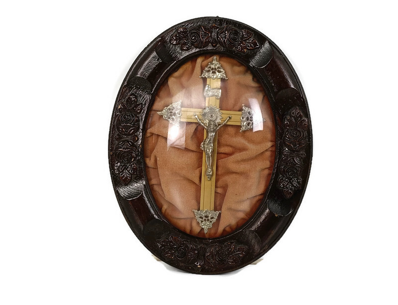 Antique Oval Ornate Wooden Frame Convex Glass Dome Crucifix Cross ...