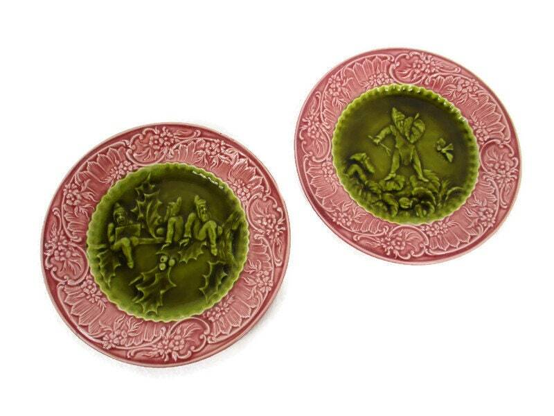 Two Small Plates Majolica Barbotine Art Deco Pink Green Dwarfs Gnomes ...