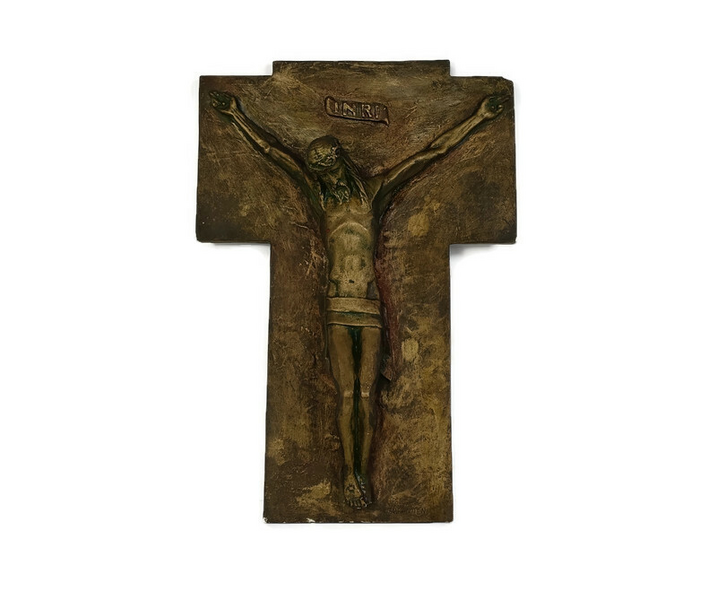 Art Deco Antique Gorgeous Hanging Crucifix Bronze Corpus Plaster Pol ...