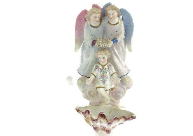 Stunning French Holy Water Font Vessel Infant Angels Flower Crown ...