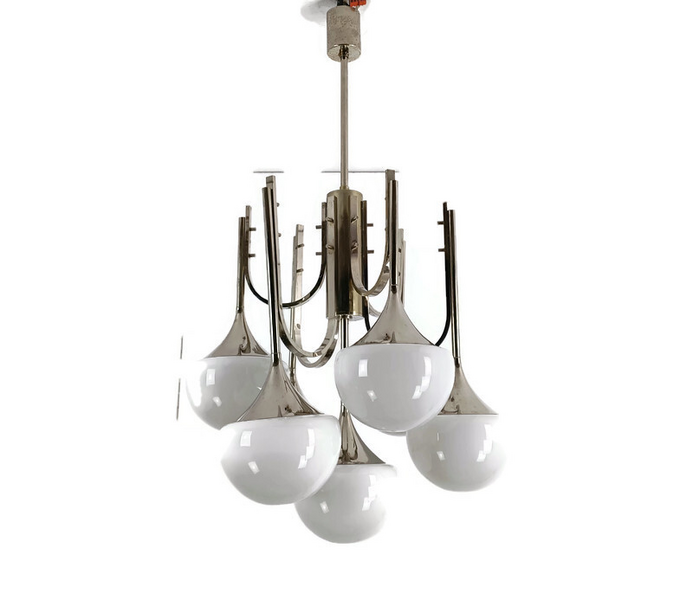 Mid Century Atomic Sputnik Trumpet Chrome Chandelier Opaline Shades ...