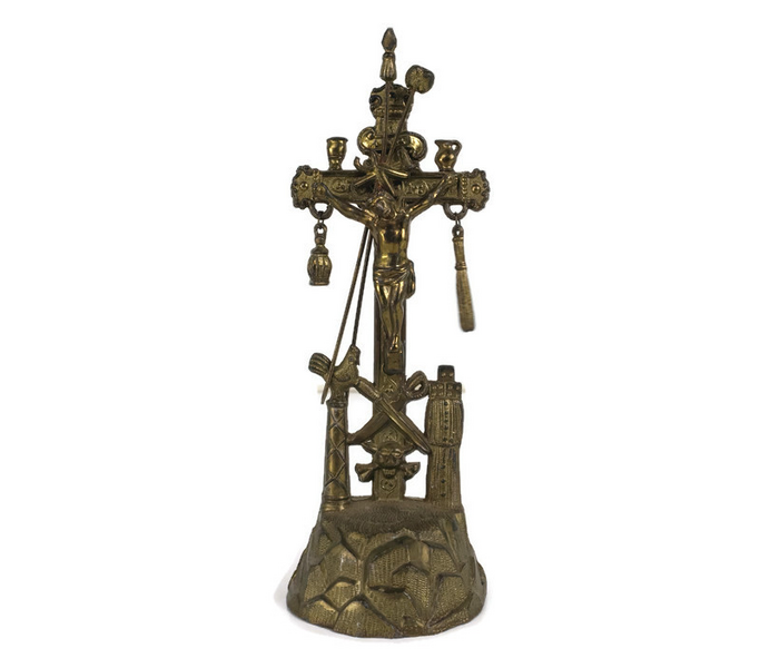 Vintage Ornate Brass Standing Crucifix Cross Tools Of Passion Rooster ...