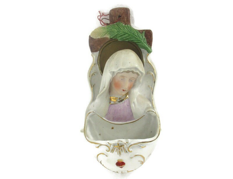 Porcelain Bisque Holy Water Font Vessel Virgin Mary Our Lady Of Sorrows ...