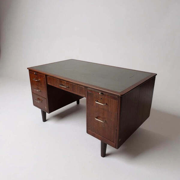 Mid Century Modern Leather Top Wood Office Desk | Vintage Executive ...