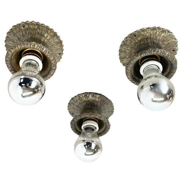 Set Of Three Brutalist Bronze "Art Deco" Wall Ceiling Light Sconces ...