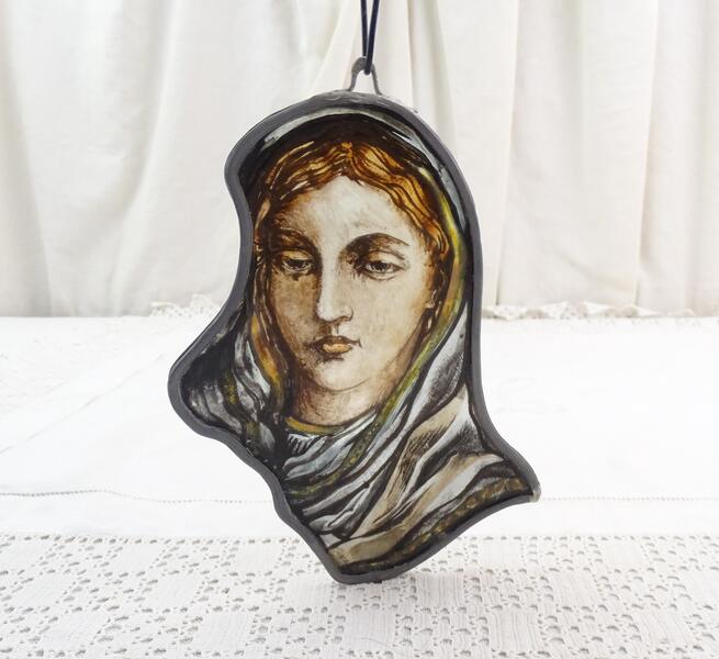 Antique French Shard Of Hand Painted Stained Glass Window With Woman's ...