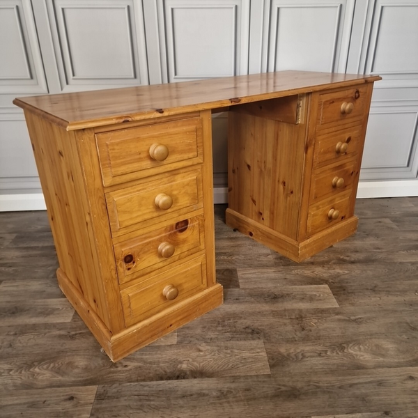 Vintage Solid Wood Pine Twin Pedestal Writing Office Desk Drawers Dressing Table | Vinterior